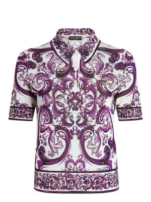 Dolce & Gabbana Majolica-print Silk Polo Top - White