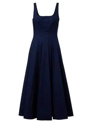 Staud Wells Pleated Cotton Midi Dress - Blue