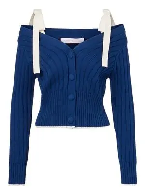 Carolina Herrera Bow-detail Cotton And Wool Cardigan - Blue