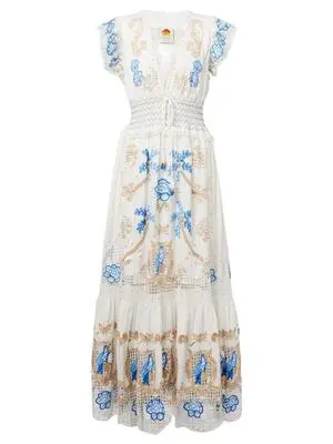 Farm Rio Embroidered Linen-blend Maxi Dress - White