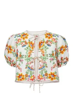 Farm Rio Floral Puff-sleeve Linen Blouse - Multicoloured