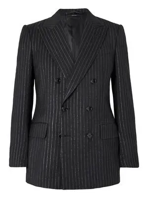 TOM FORD Dyllan Double-breasted Striped Metallic Wool And Silk-blend Suit Jacket - Black