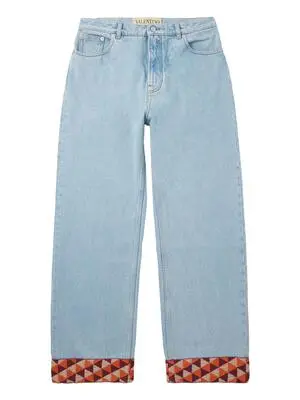 Valentino Garavani Wide-leg Jacquard-trimmed Jeans - Blue