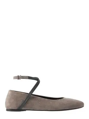 Brunello Cucinelli Embellished Suede Ballet Flats - Gray