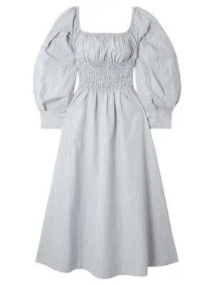 Altuzarra Josie Shirred Striped Midi Dress Light Blue