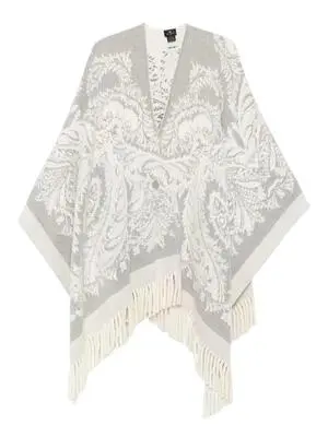 Etro Paisley Pattern Fringed Wool Poncho - White