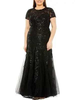 Mac Duggal Hand Embellished Mesh Overlay Applique Gown - Black