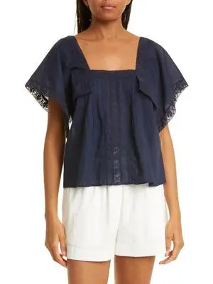 Rebecca Taylor Lace Inset Cotton Top - Marine Blue