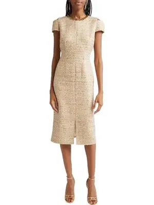St. John Chain Embellished Tweed Sheath Dress - Flax Willow/ Ivory Multi