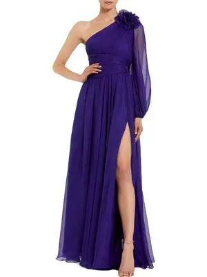 Mac Duggal One-shoulder Chiffon Gown With 3d Floral - Indigo