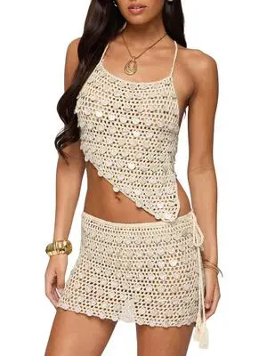 EDIKTED Alora Paillette Sequin Asymmetric Crop Top - Beige