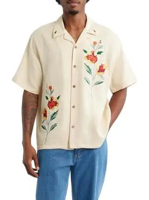 PACSUN Oversize Floral Embroidered Camp Shirt - Tan