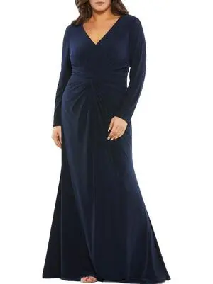 Mac Duggal Front Twist Long Sleeve V-neck Gown - Midnight