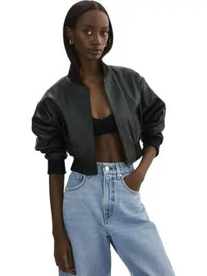 LAMARQUE Faux Leather Cropped Bomber Jacket - Black