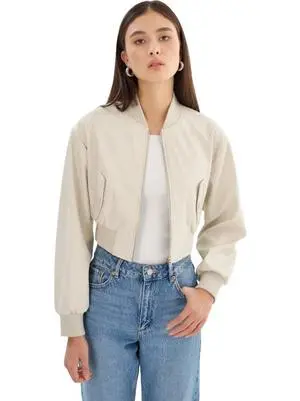 LAMARQUE Faux Leather Cropped Bomber Jacket - Bone