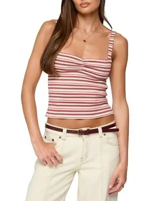 EDIKTED Striped Ruched Knit Top - Burgundy Mix