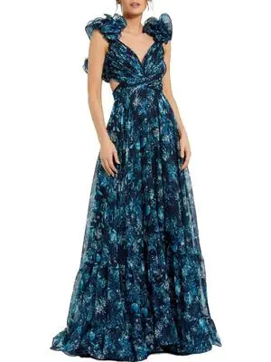 Mac Duggal Mac Duggal Tiered Floral Chiffon Gown Midnight Multi