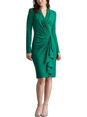 Tadashi Shoji Ruffle Side Drape Long Sleeve Cocktail Dress - Emerald