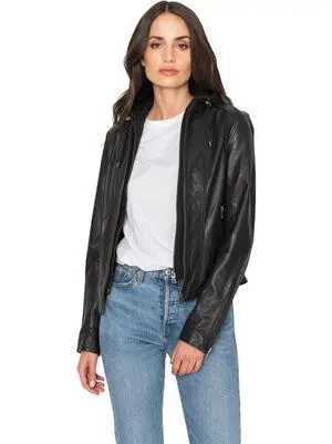 LAMARQUE Arlette Leather Biker Jacket With Removable Hood - Black