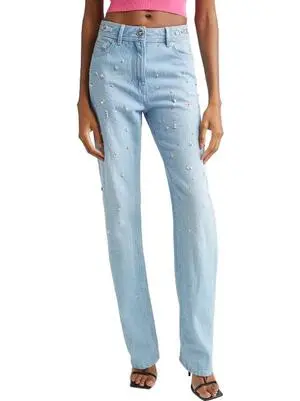 Versace Embellished Straight-leg Jeans - Light Blue