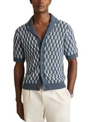 REISS Regular Fit Geometric Knit Cuban Shirt - Airforce Blue