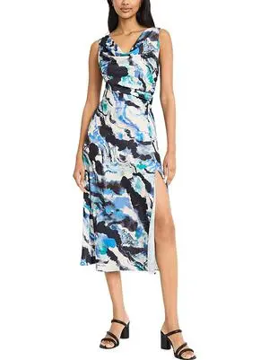 Maggy London Printed Asymmetric Neck Midi Dress - Cream/ Navy