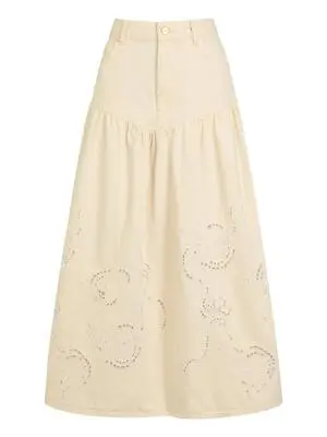 GANNI Embroidered Denim Midi Skirt - Ecru