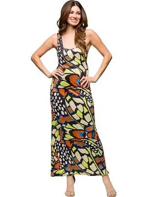 24SEVEN COMFORT APPAREL Maternity Butterfly Print Maxi Dress - Orange Multi