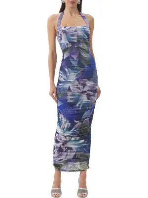 AFRM Indina Ruched Mesh Maxi Dress - Abstract Orchid