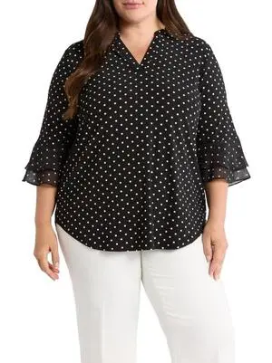 KASPER Polka Dot Flutter Sleeve Top - Black/ Vanilla Ice
