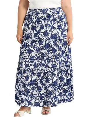 Caslon Printed Eyelet Tiered Maxi Skirt - Ivory- Blue Navy Bea Floral