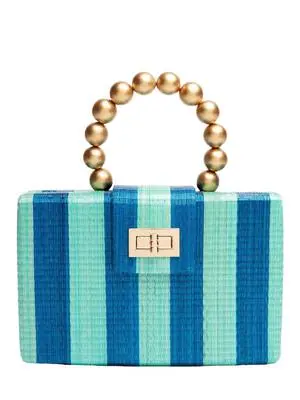 SOLI & SUN Louisa Woven Straw Clutch - Blue & Turquoise Stripe