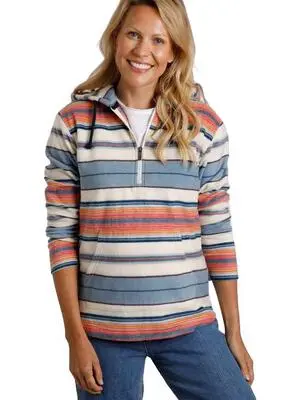 WEIRD FISH Lana 1/4 Zip Stripe Microfleece Hoodie - Ecru