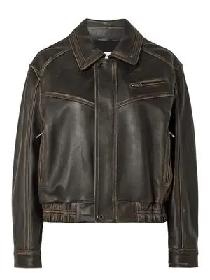 Nour Hammour Clint Oversized Paneled Distressed Leather Bomber Jacket - Black