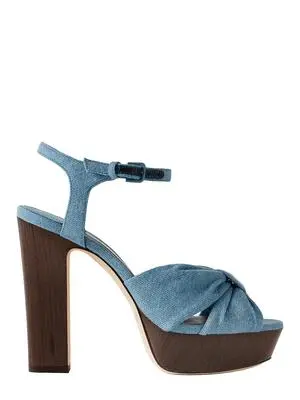 JIMMY CHOO Heloise 120 Knotted Denim Platform Sandals Blue