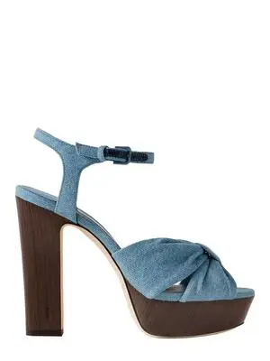 JIMMY CHOO Heloise 120 Knotted Denim Platform Sandals Light Denim