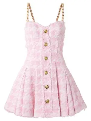 Balmain Embellished Frayed Houndstooth Cotton-blend Tweed Mini Dress - Pink