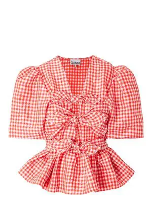 GANNI Gingham Crinkled-taffeta Peplum Blouse With Bow Details - Red