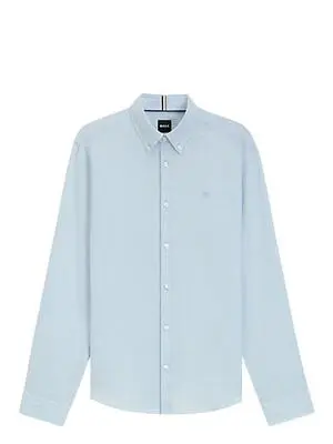 BOSS Logo-embroidered Regular-fit Linen Shirt - Light/pastel Blue