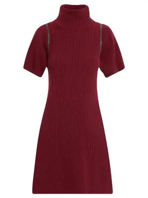 Brunello Cucinelli Mock-neck Monili Ribbed Mini Dress - C4373 Deep Red