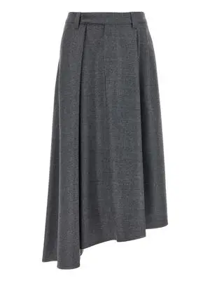 Brunello Cucinelli Asymmetrical Wool Midi Skirt - Gray