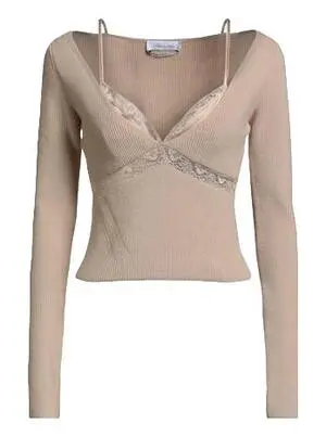 Blumarine Ribbed V-neck Sweater With Lace Trims - Beige