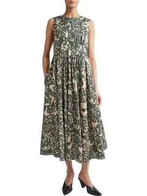 Max Mara Venice Print Pleated Cotton Voile Midi Dress - Kaki