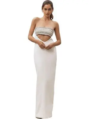Retrofete Swan Strapless Embellished Cutout Maxi Dress - White