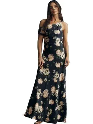 Bhldn BHLDN Sienna Off-the-Shoulder Satin Maxi Dress Blue Pattern