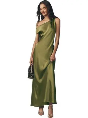 Bhldn Sienna Off-the-shoulder Satin Maxi Dress - Olive