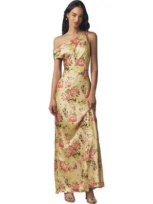 Bhldn BHLDN Sienna Off-the-Shoulder Satin Maxi Dress Yellow Pattern