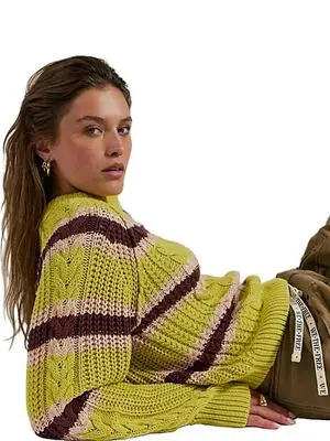 Free People Frankie Cable Striped Pullover Avocado Combo
