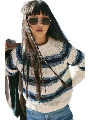 Free People Frankie Cable Striped Pullover Ivory Combo