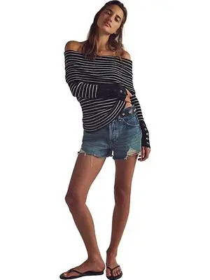 Free People Striped Off-the-shoulder Sweater - Black And White Combo